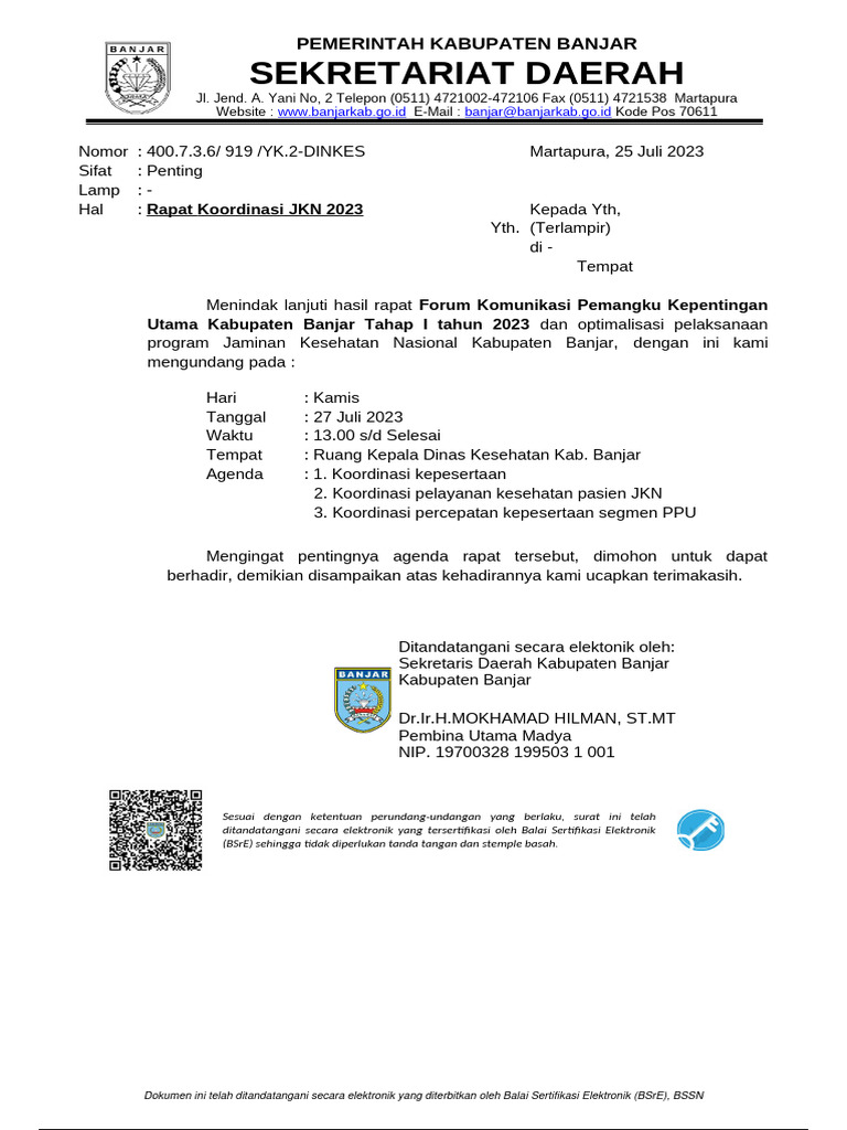 Undangan Rapat Koordinasi JKN 27 Juli 2023 | PDF