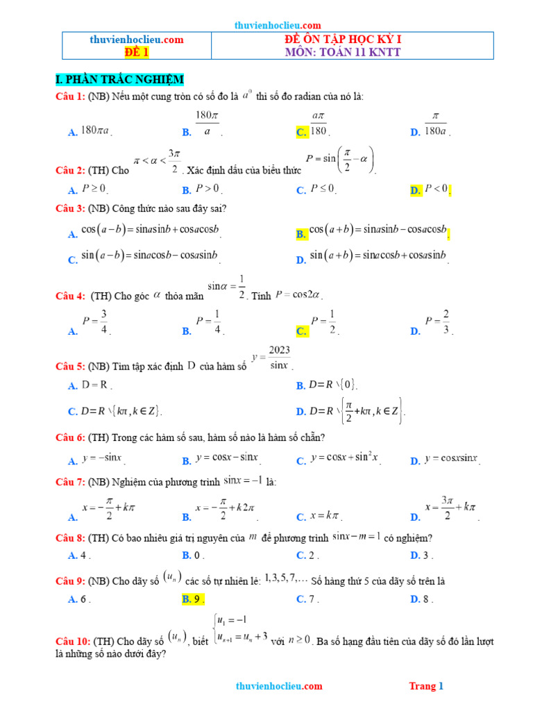 10 de On Thi HK1 Toan 11 KNTT | PDF