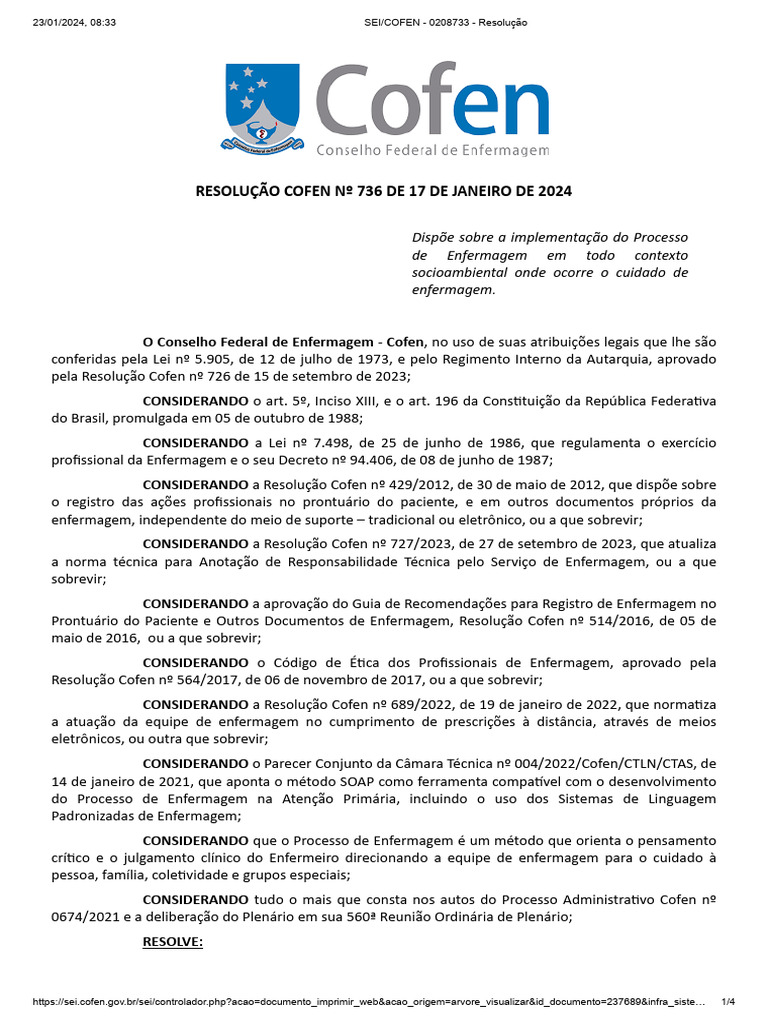 Resolução Cofen #736 de 17 de Janeiro de 2024 | PDF | Enfermagem ...