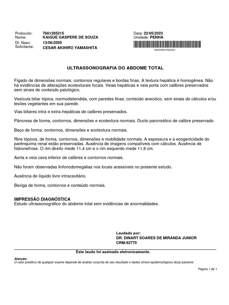 ULTRASSONOGRAFIA DO ABDOME TOTAL (Laudo) | PDF