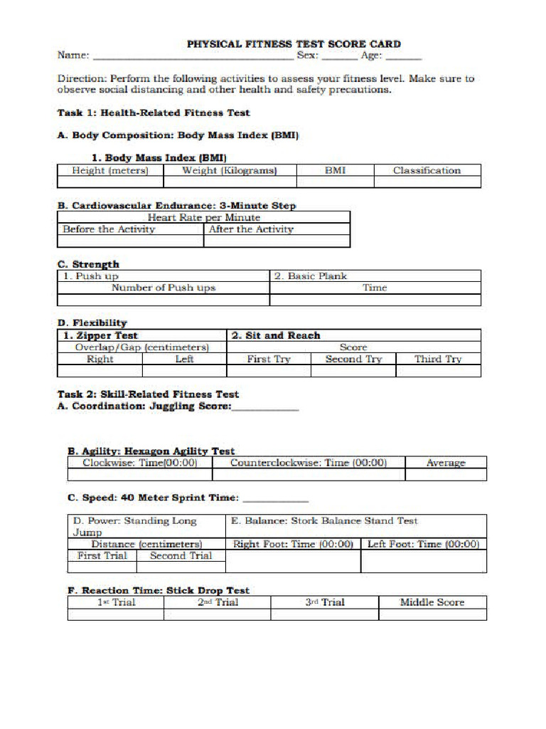 Physical Fitness Test Score Card | PDF