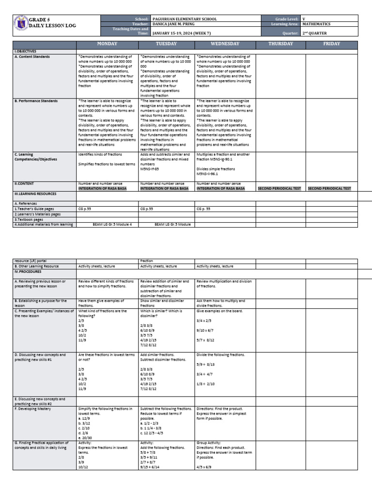 DLL - Mathematics 5 - Q2 - W7 | PDF | Learning | Teachers