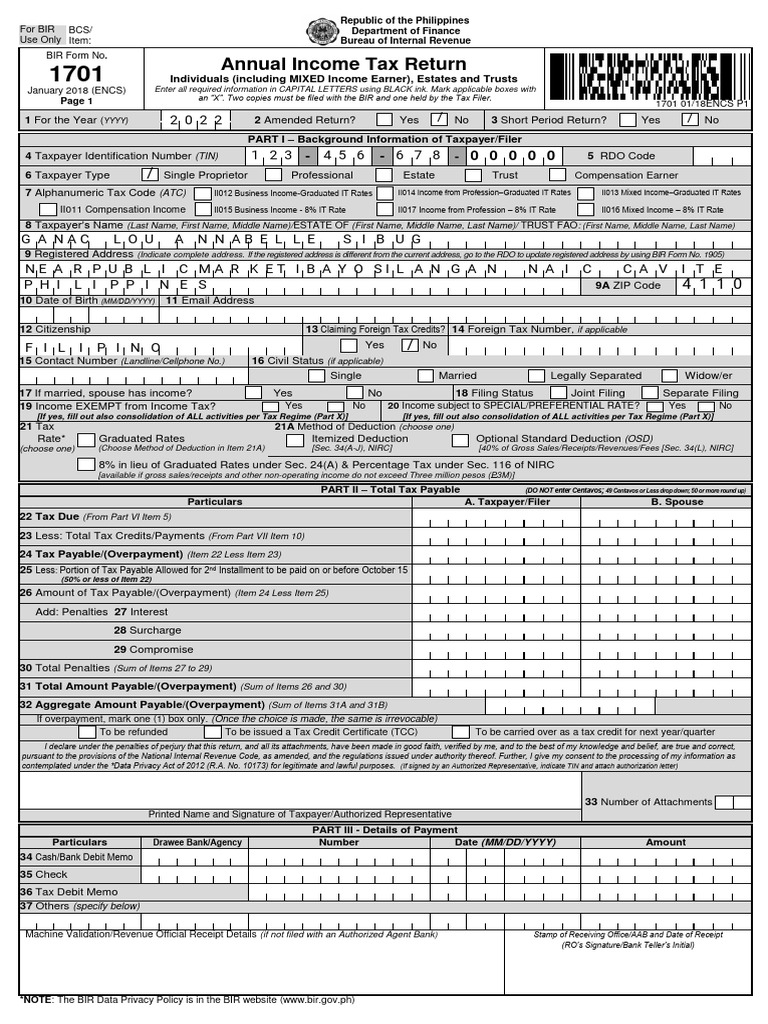 1701 Jan 2018 Version Annual Income Tax Return | PDF