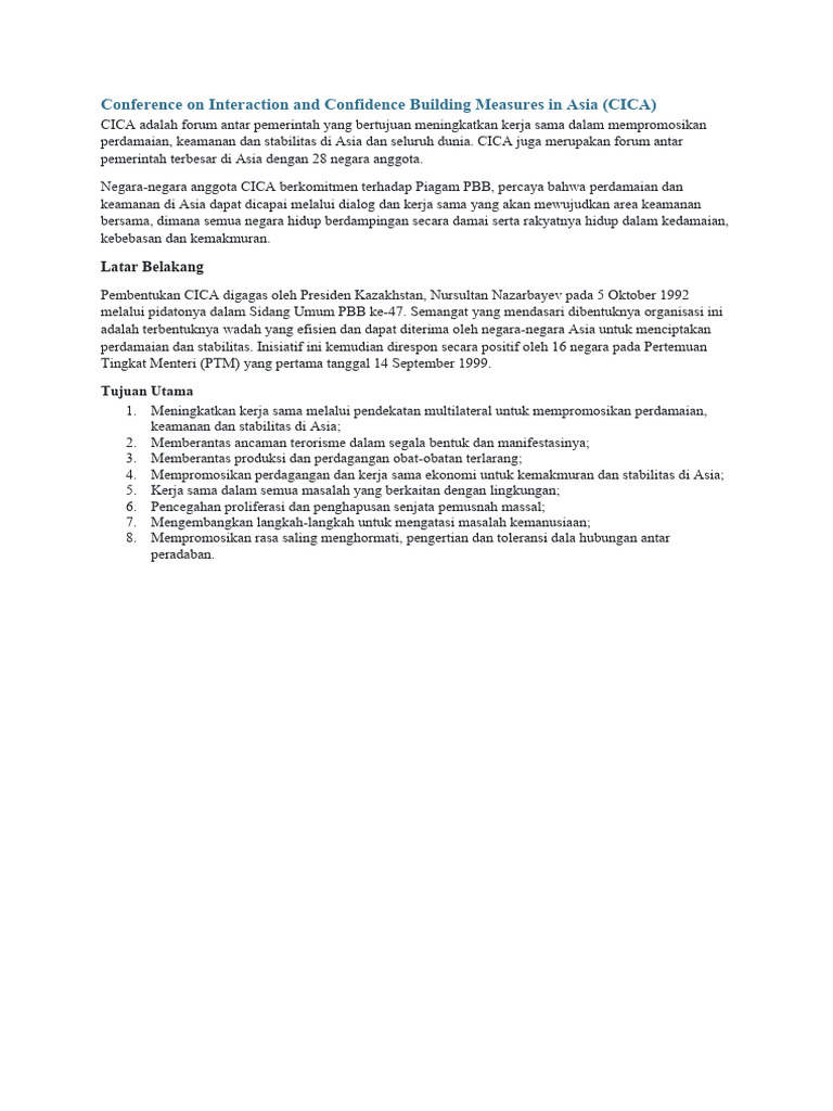 Conference On Interaction and Confidence Building Measures in Asia (CICA) | PDF