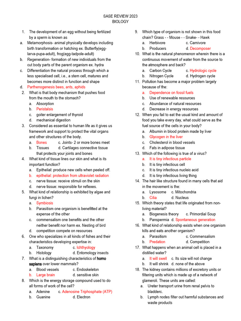 Biology Review Answer Key 2023 | PDF | Sexual Reproduction | Cell (Biology)