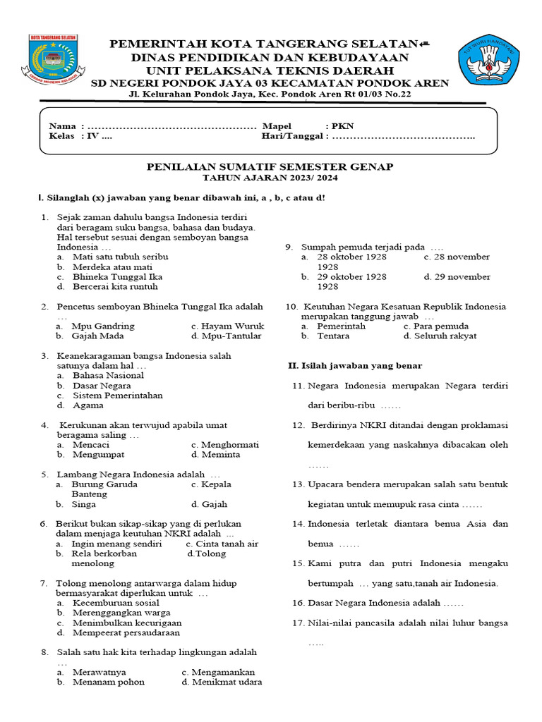 Sumatif1 - Bab 5 - PKN - KLS 4 - 2324 | PDF