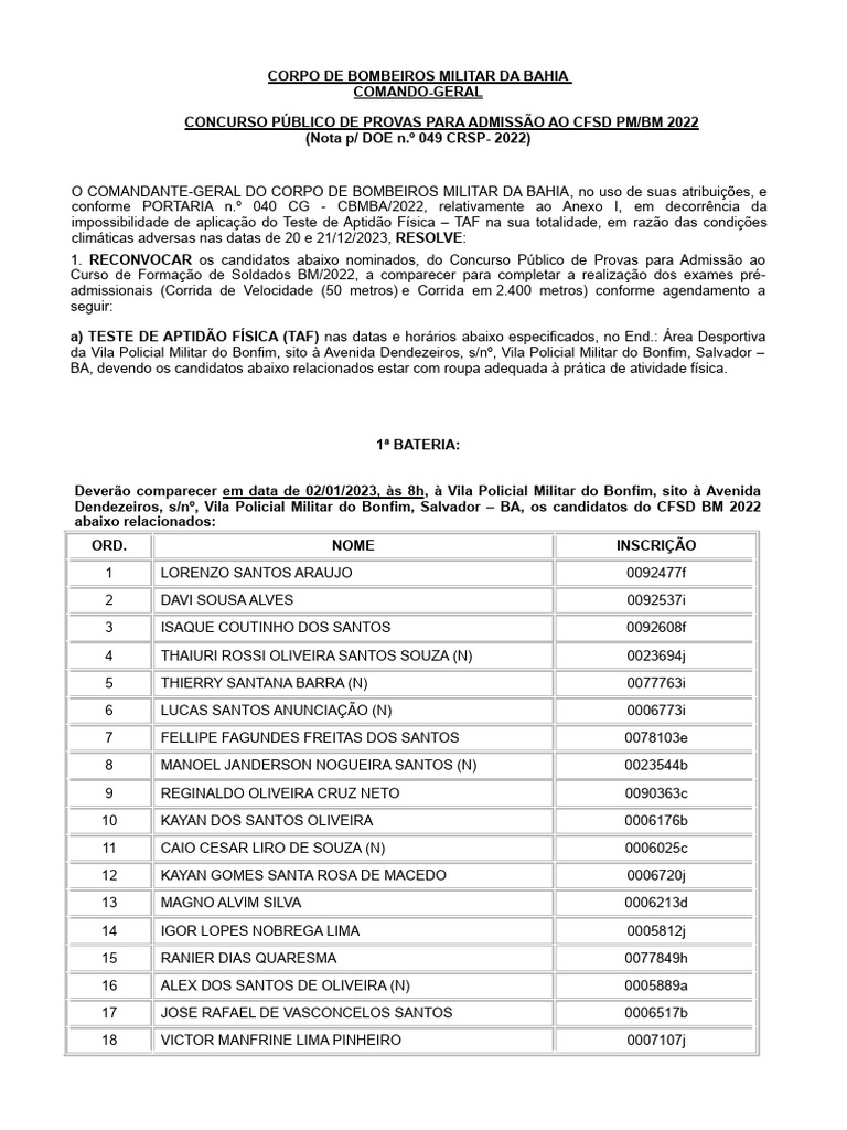 Nota 049 NOVA CONVOCACAO PARA TAF CFSD BM 2022 CHUVAS TORRENCIAIS | PDF | Política de defesa ...