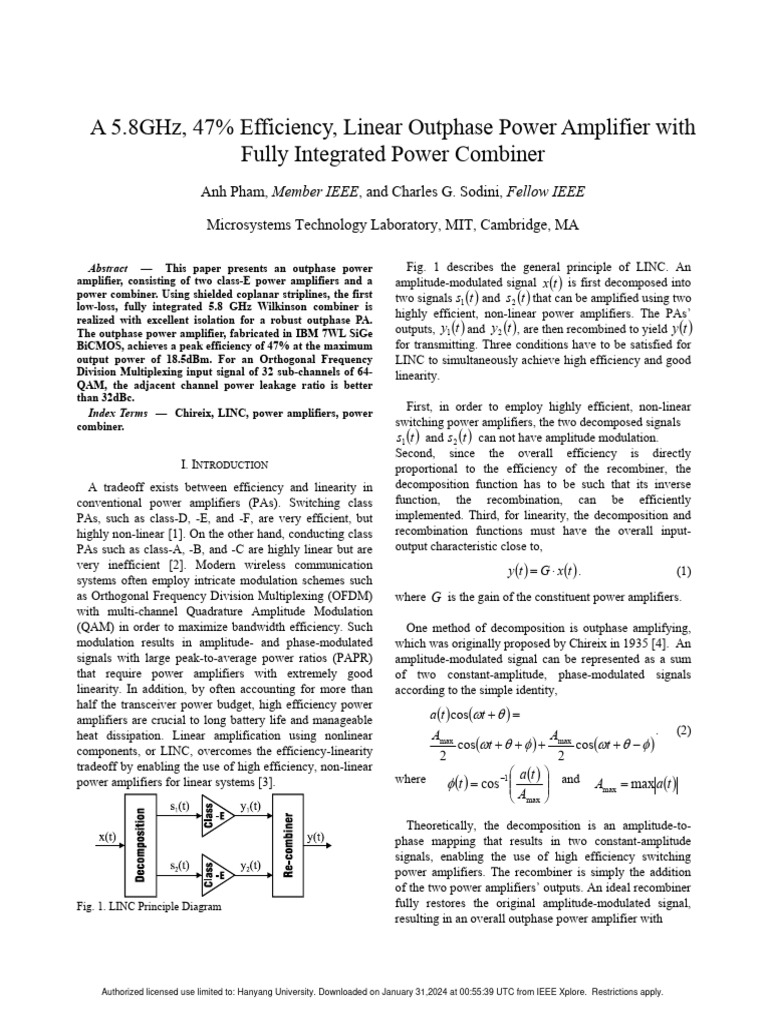 A 5.8GHz 47 Efficiency Linear Outphase Power Amplifier With Fully Integrated Power Combiner ...