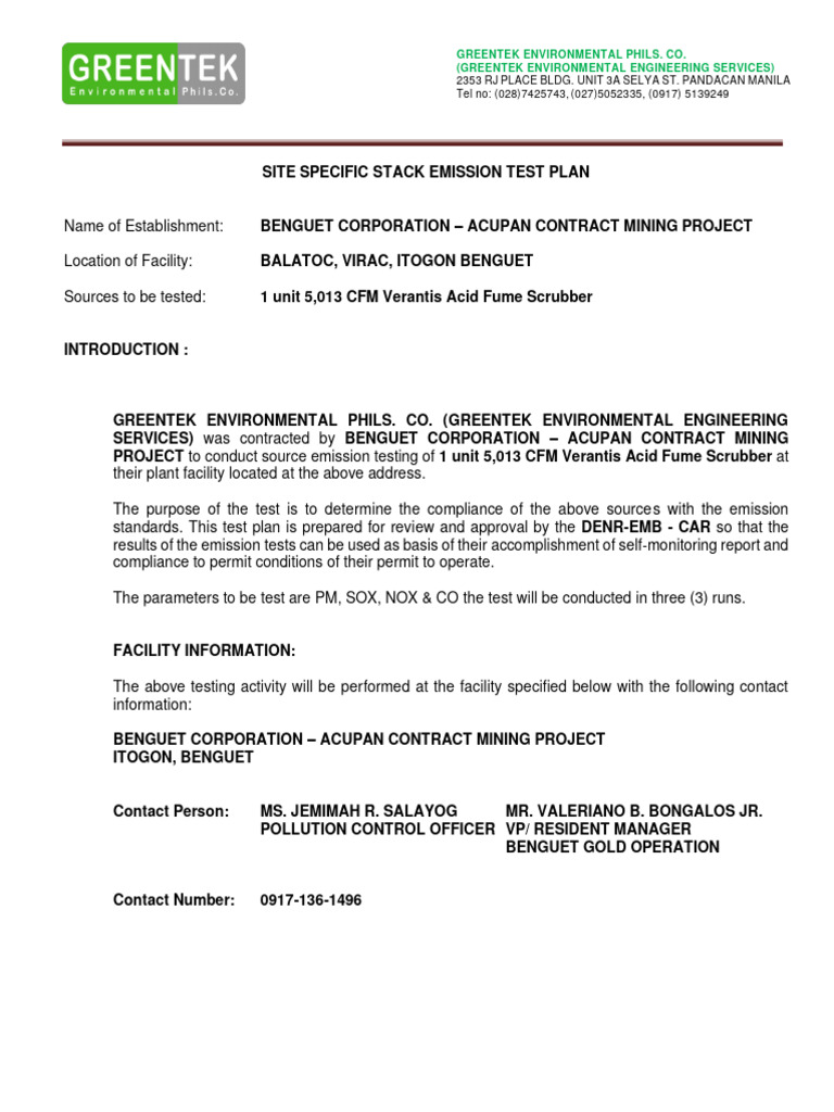 BC - Acupan Contract Mining Project Test Plan July | PDF | Exhaust Gas ...