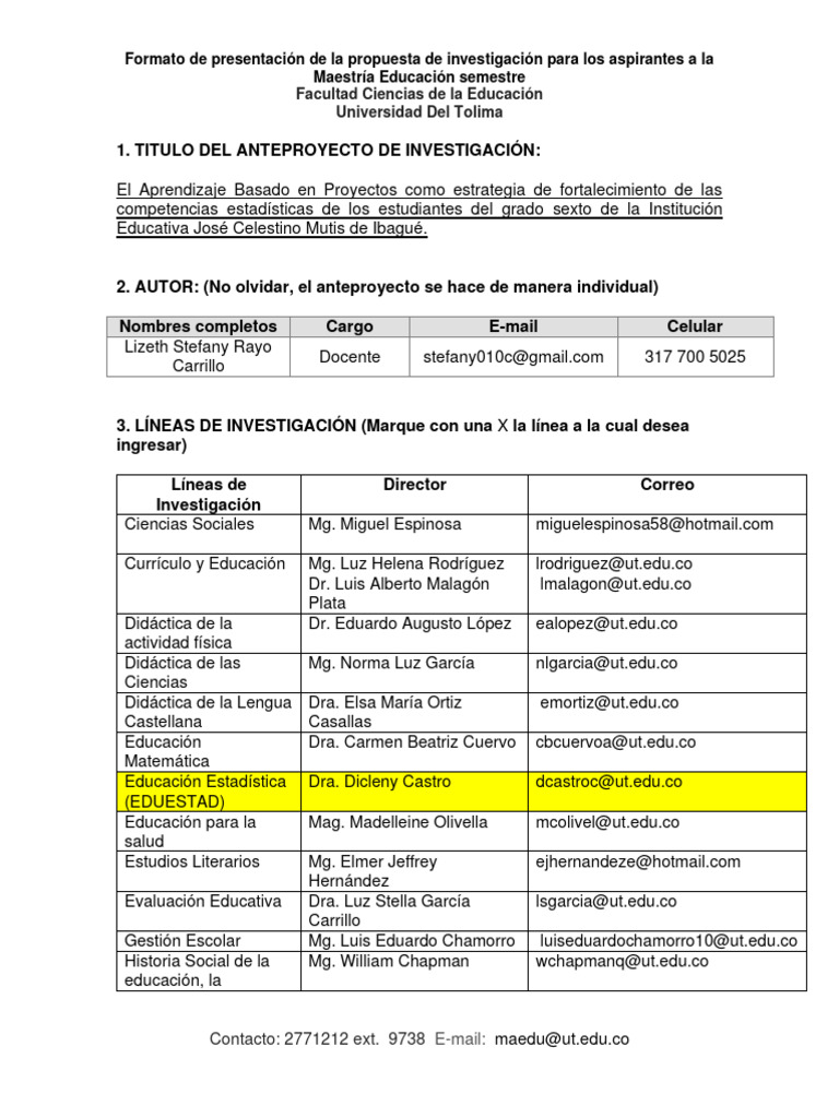FORMATO PROPUESTA INVESTIGACIÃ_N final | PDF | Aprendizaje en base a proyectos | Aprendizaje