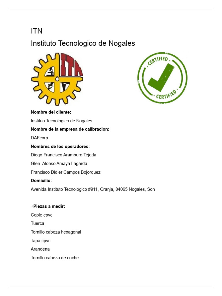 Calibración de Piezas en ITN Nogales | PDF