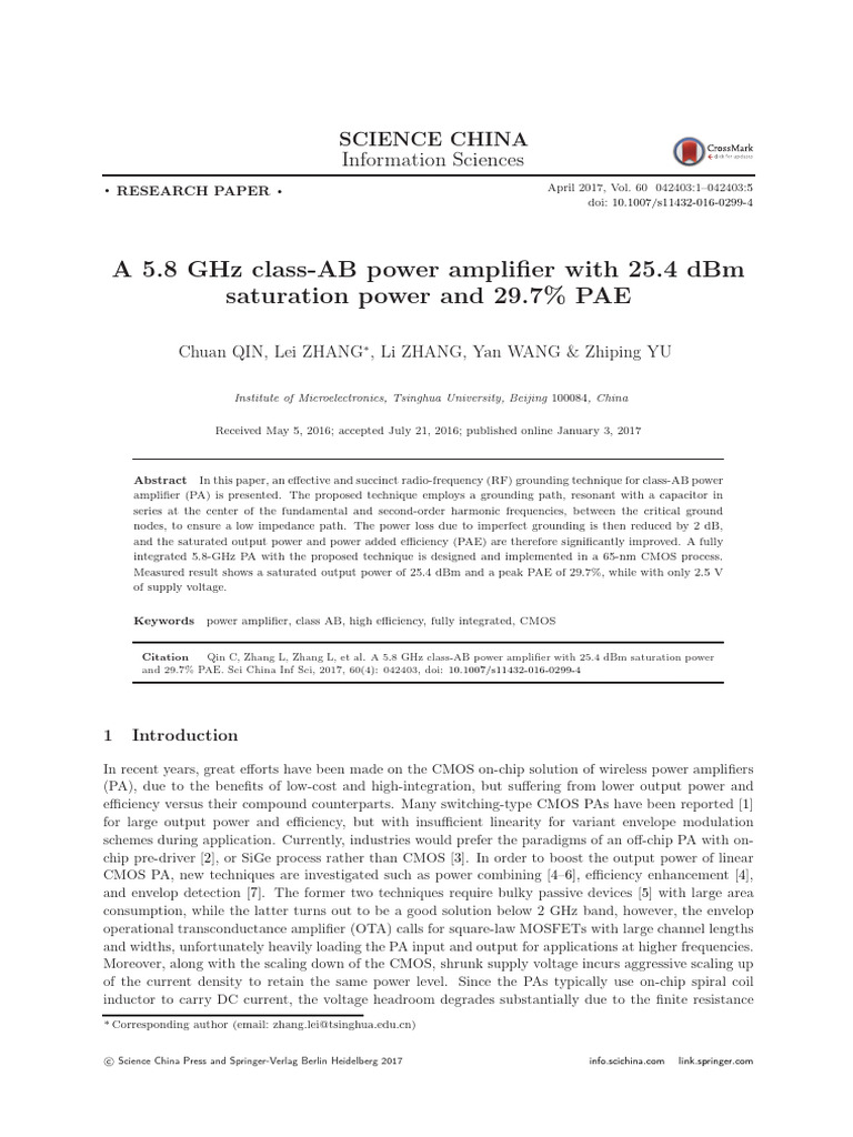 A 5.8 GHz class-AB power amplifier with 25.4 dBm saturation power and ...