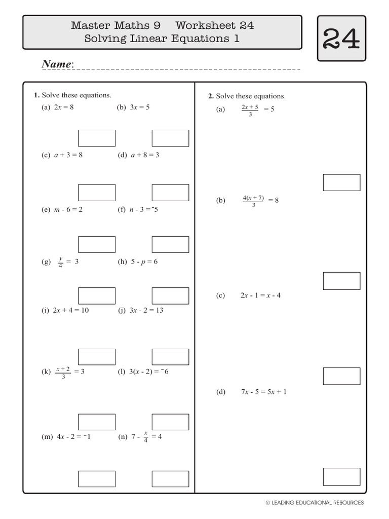 Master Maths 9: Linear Equations Worksheet | PDF
