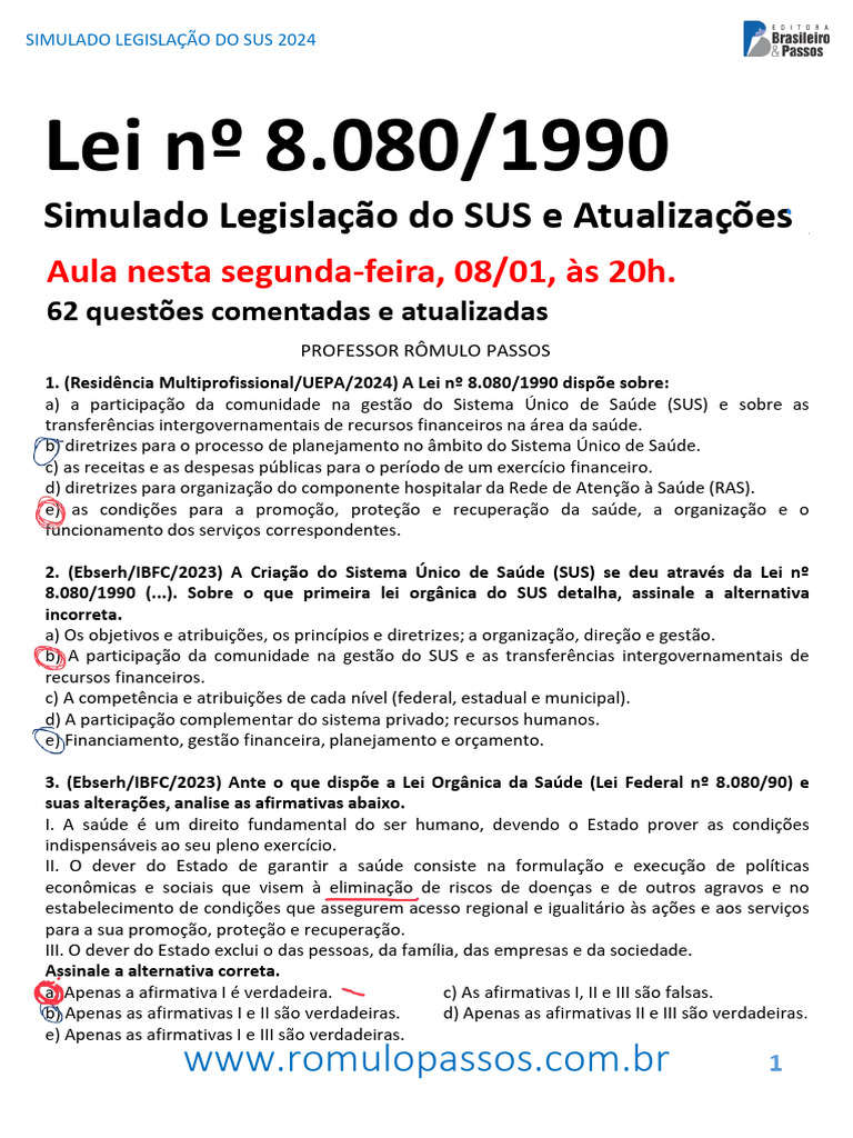 Lei Nº 8.080-90 - Simulado de Legislação Do SUS e Atualizações (62 ...