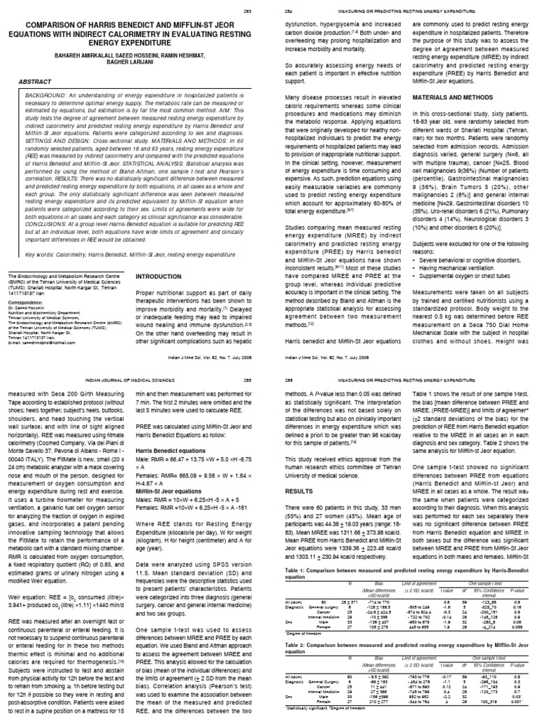 Comparison of Harris Benedict and Mifflin ST Jeor Equations With ...