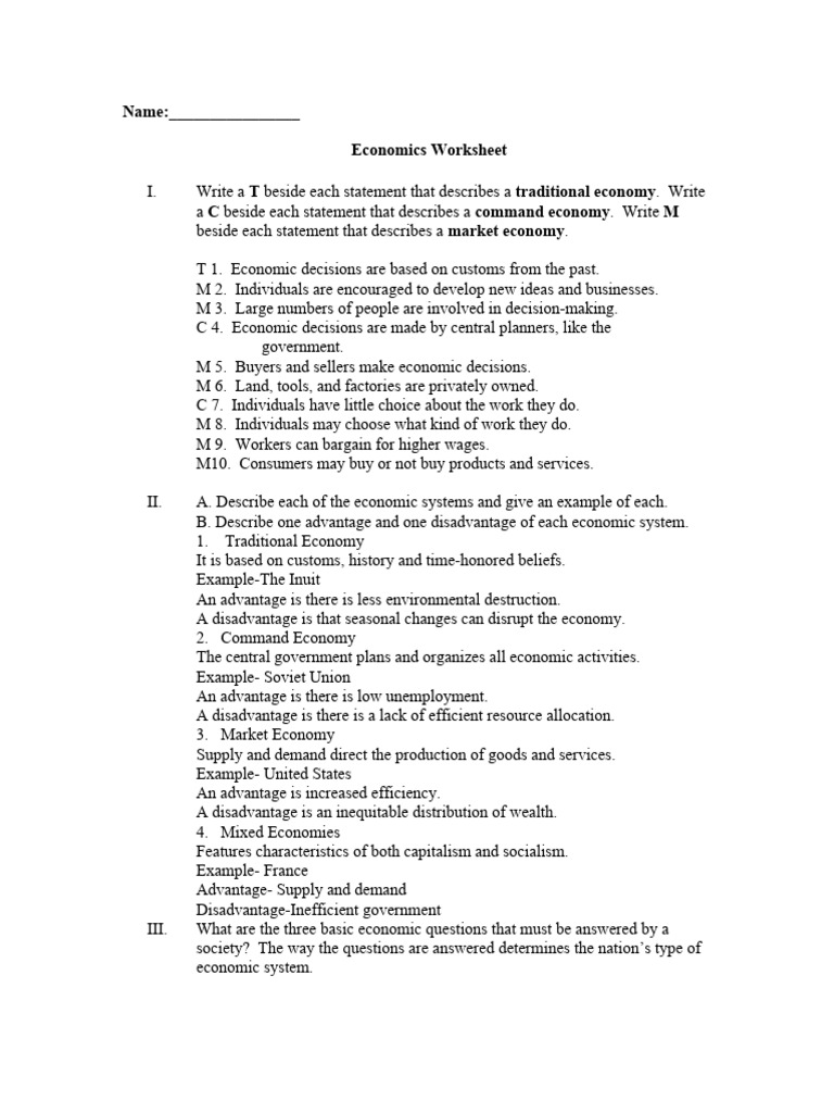 Types Of Economies Worksheet Economic Systems And Macroeconomics: