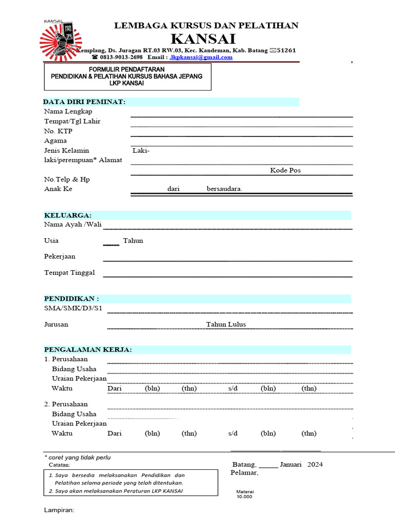 Formulir-Pendaftaran LKP Kansai | PDF