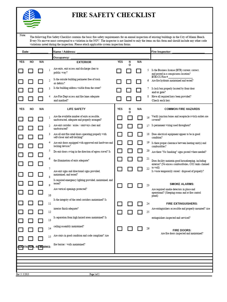 Checklist Annual Fire Safety Inspection Rev 3 | PDF