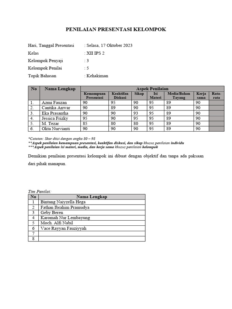 Format Penilaian Presentasi | PDF