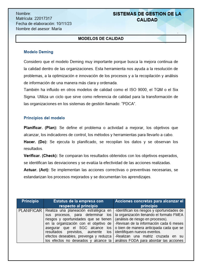 Modelo Deming: Mejora Continua de Calidad | PDF | Ciencia de sistemas ...