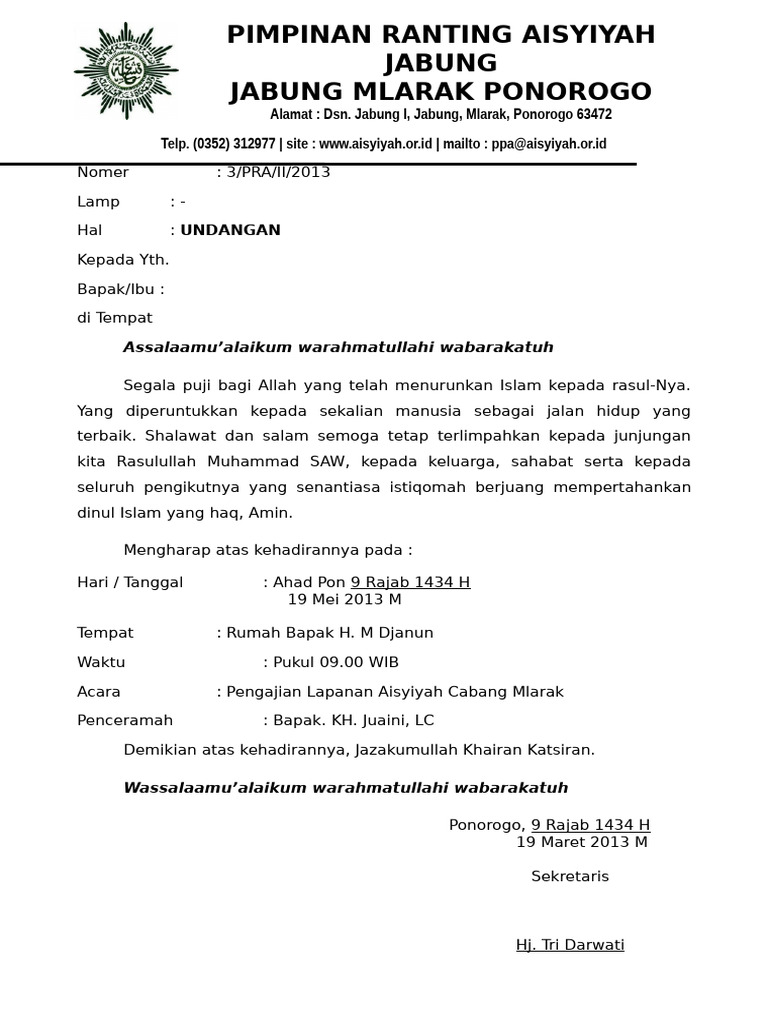 Pimpinan Ranting Aisyiyah Undangan | PDF