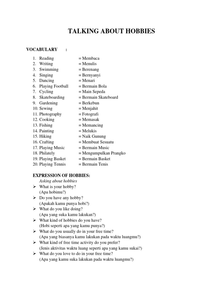 Hobbies Vocabulary & Expressions | PDF | Art