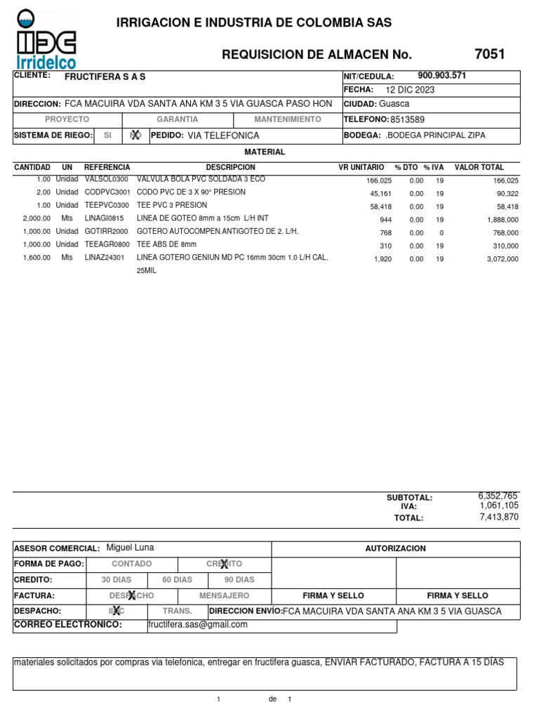 Requisición Ventas 7051 - FRUCTIFERA SAS | PDF | Finanzas y dinero