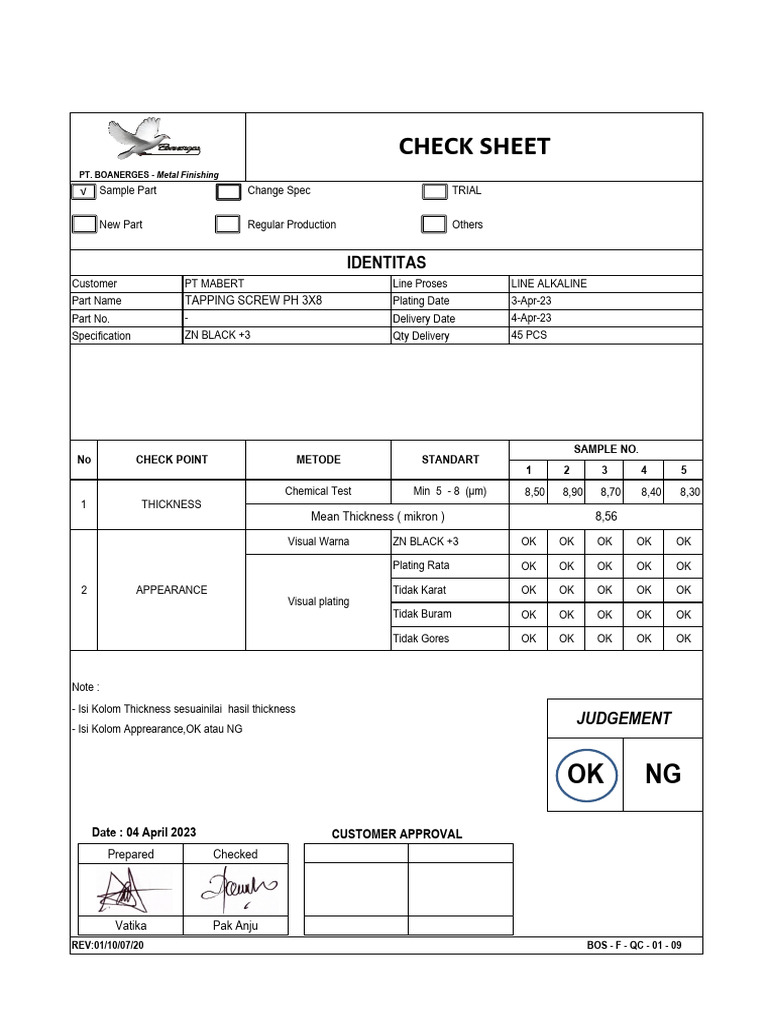 Checksheet TAP SCREW 3X8 | PDF