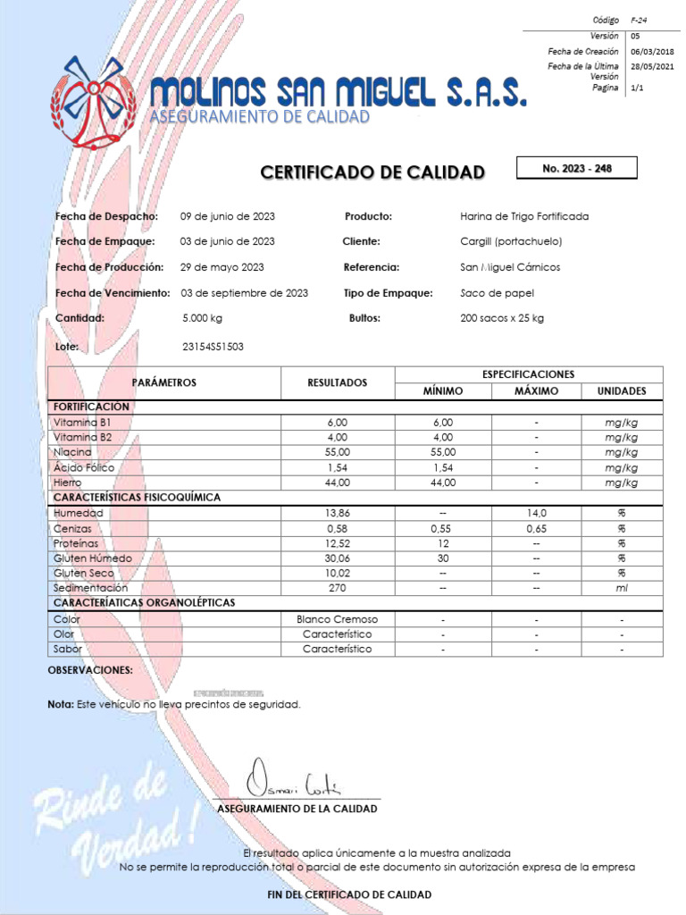 Certificado Calidad Harina Trigo Cargill | PDF | Alimentos ...