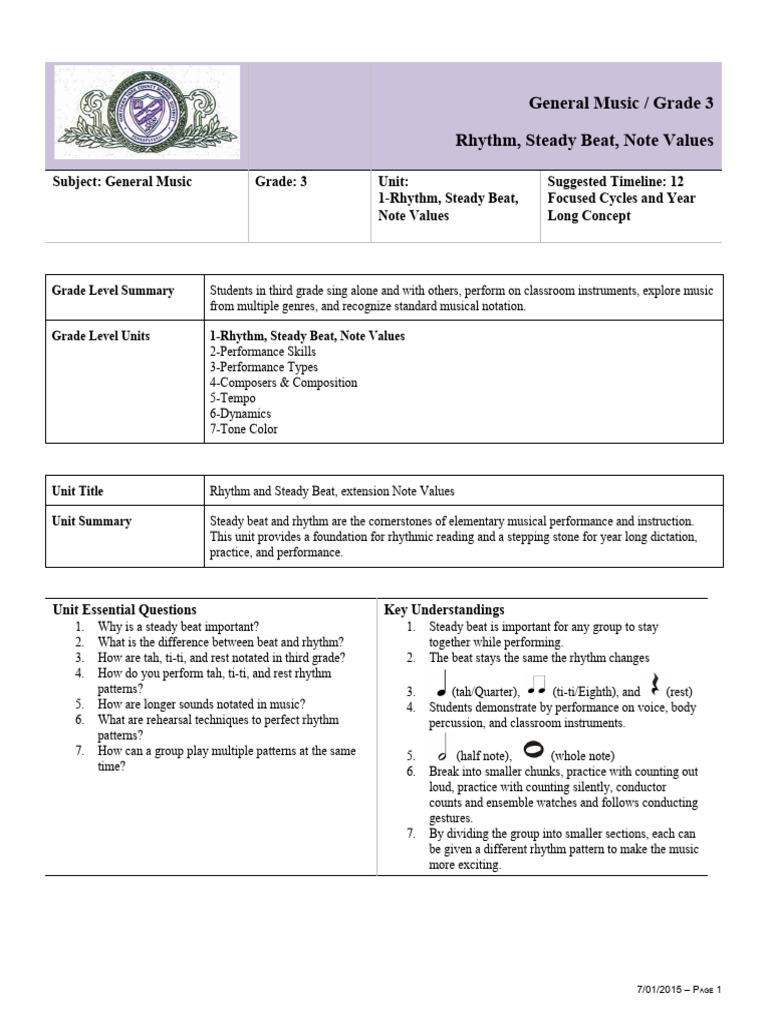 3rd Grade Music Curriculum Outline | PDF | Rhythm | Tempo