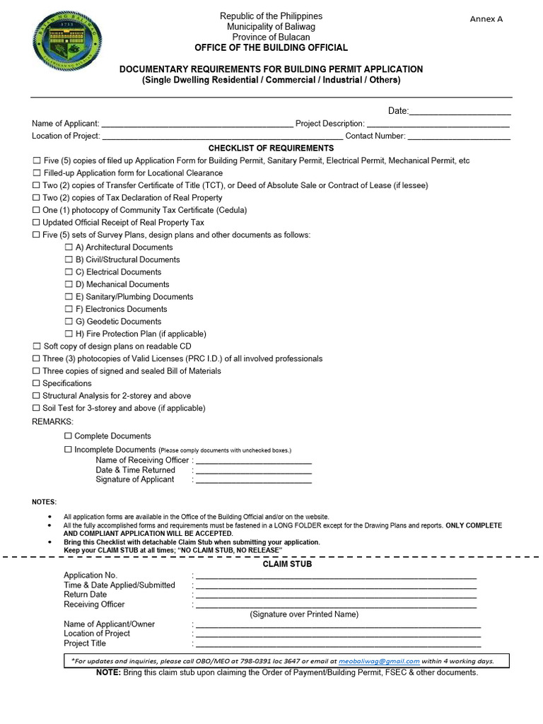 Baliwag Building Permit Requirements | PDF | Justice | Crime & Violence