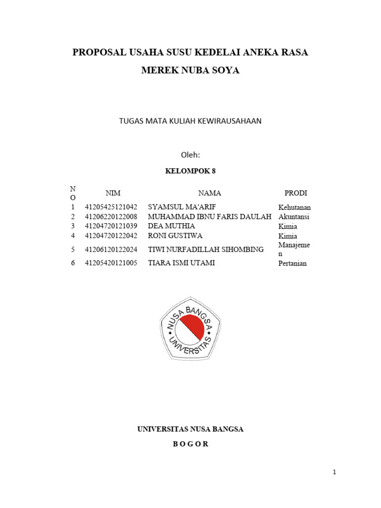 Proposal Usaha Susu Kedelai Nuba Soya | PDF