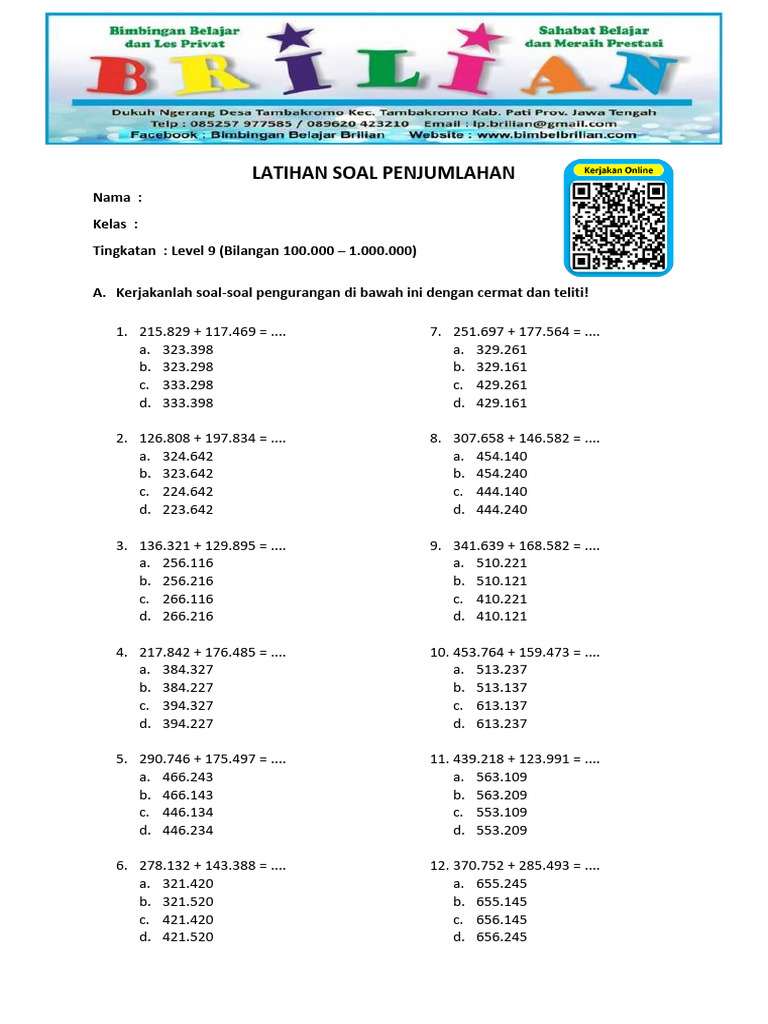 Soal Penjumlahan Level 9 100000 - 1000000 Dan Kunci Jawaban | PDF