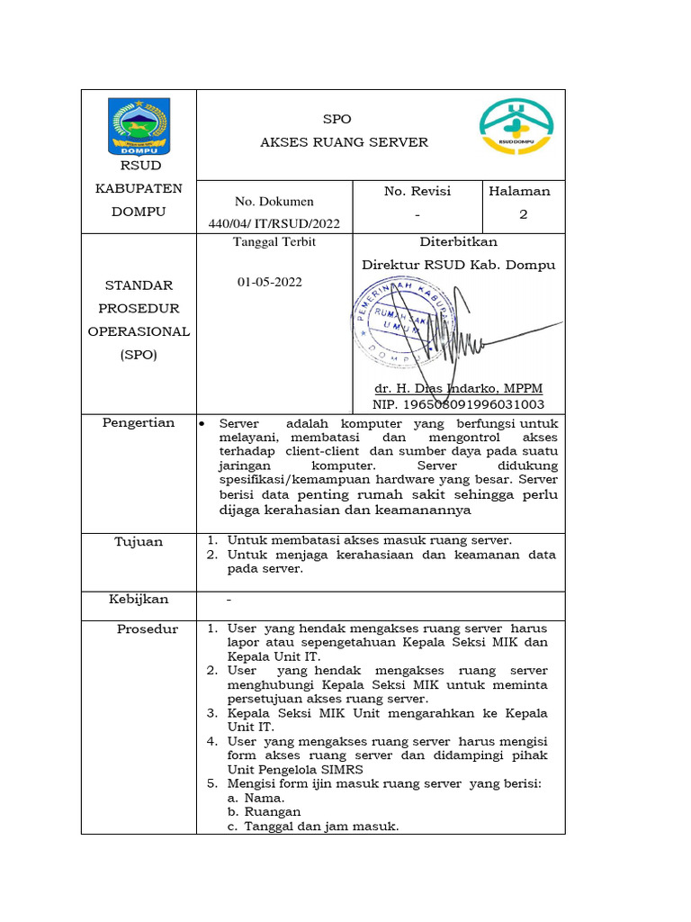 Sop Akses Ruang Server TTD | PDF