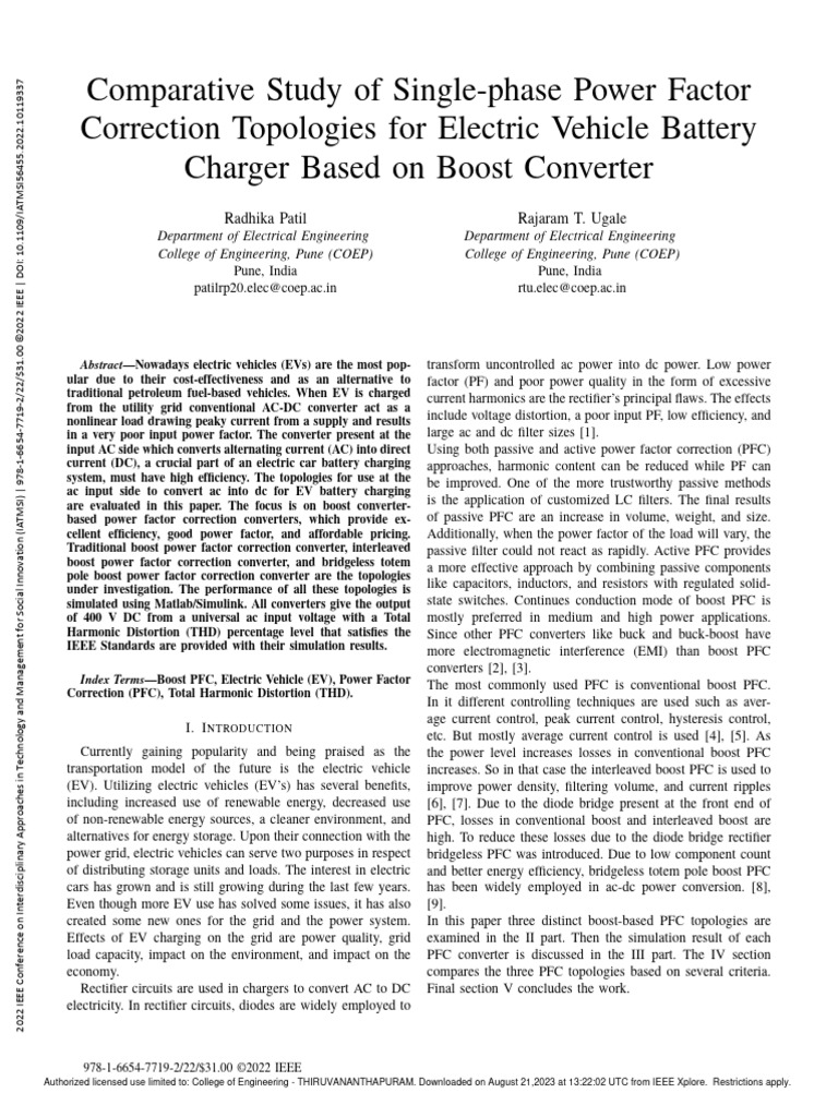 Comparative Study of Single-Phase Power Factor Correction Topologies For Electric Vehicle ...