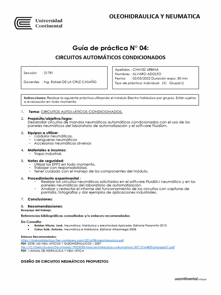 INFORME GUIA PRACTICA 04 - Chavez Urbina Alvaro | PDF | Neumática | Laboratorios