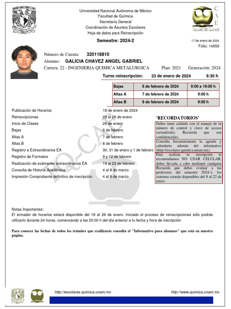 Número de Cuenta: Alumno: Carrera: 22 - Ingenieria Quimica Metalurgica Plan: 2021 Generación ...