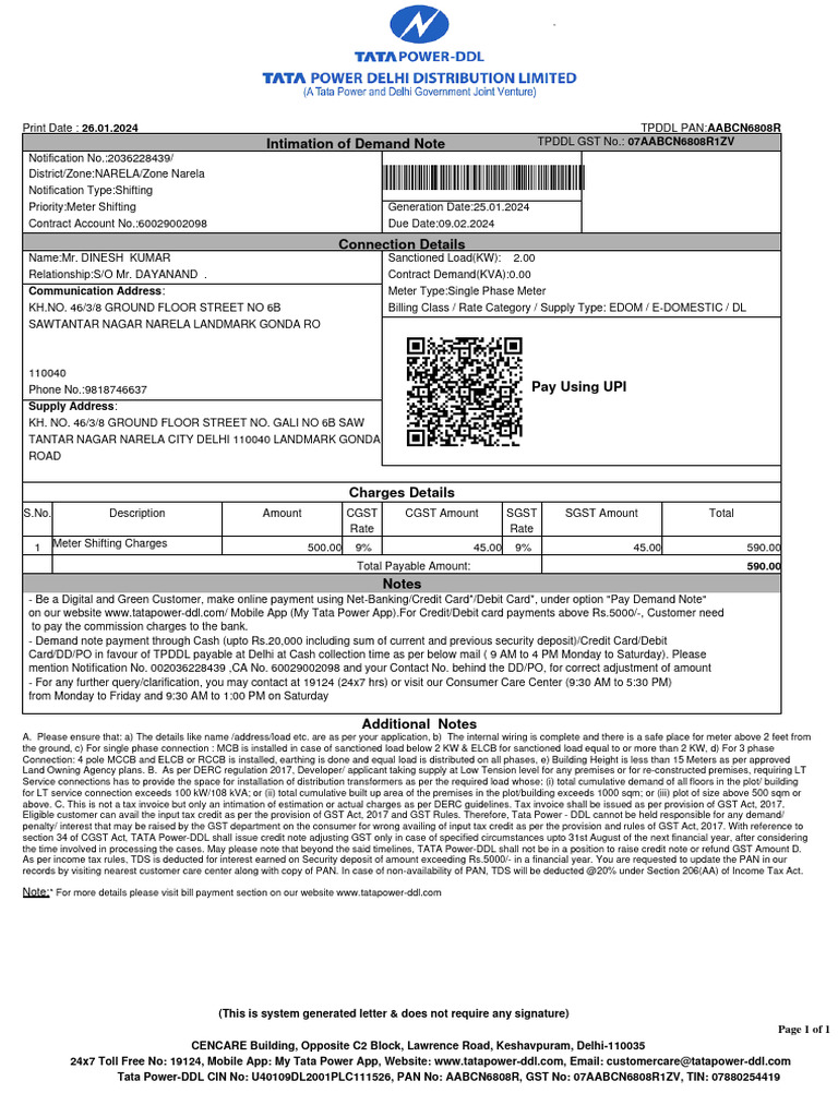 TPDDL Meter Shifting Demand Note | PDF | Credit Card | Debit Card
