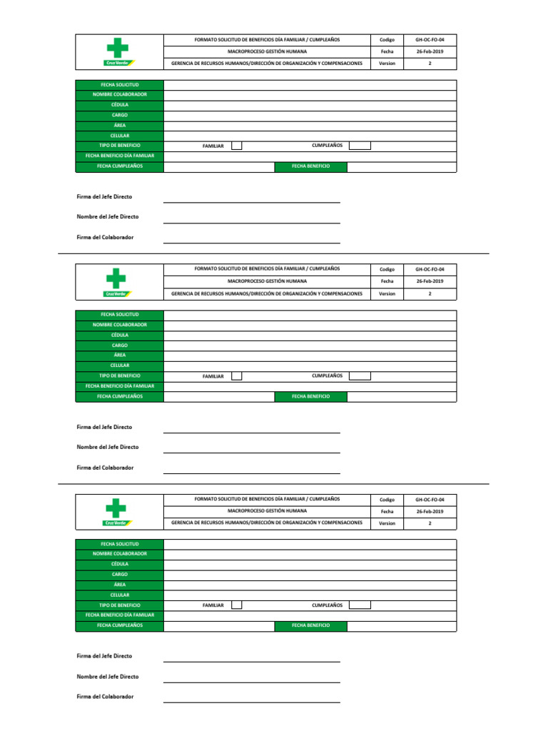GH-OC-FO-04 Formato Solicitud Beneficios Día Familiar Cumpleaños | PDF