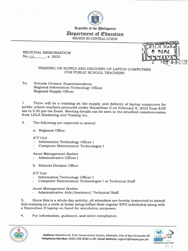 RM No. 076 S. 2022 Training On Supply and Delivery of Laptop Computers ...