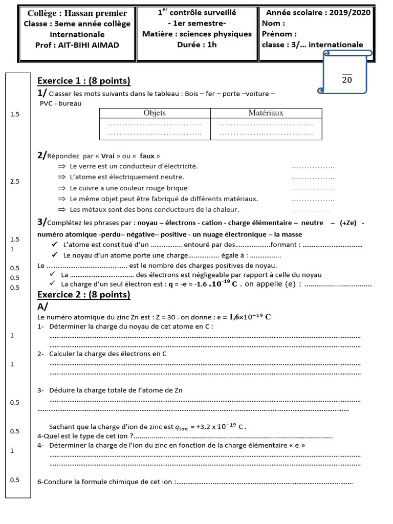 Devoir 1 Physique Et Chimie 3college 1er Semestre Sections Internationales Option Francais ...