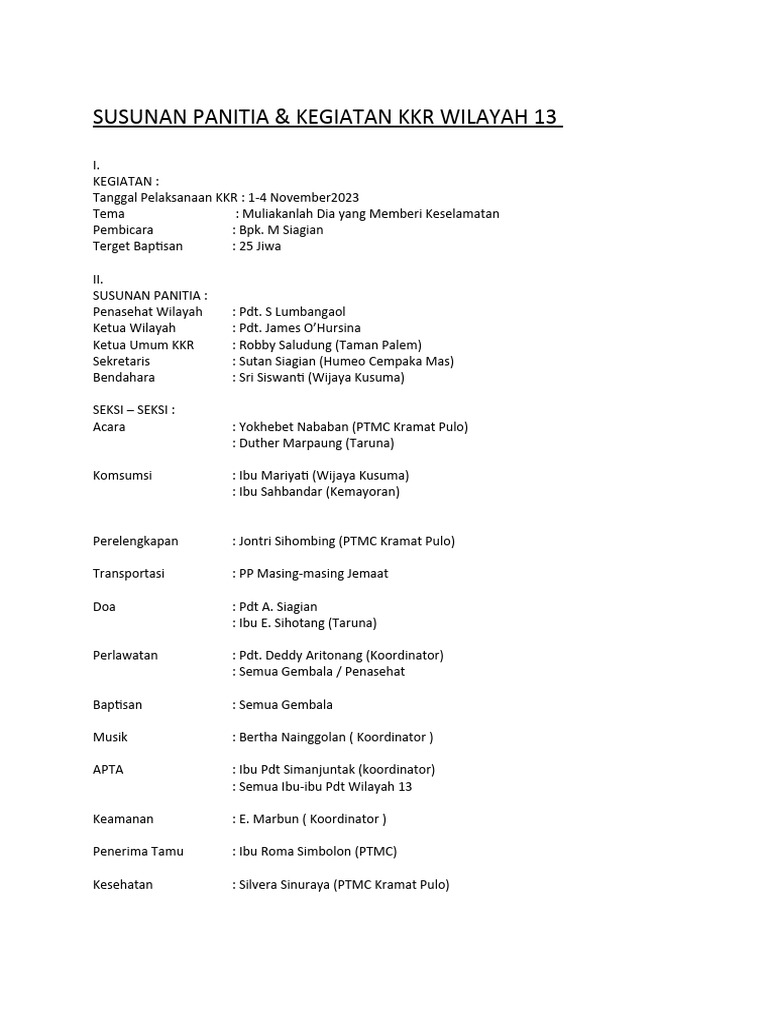 Proposal - Dan - Susunan - Panitia - KKR - Wilayah - 13 1-4 Nov | PDF