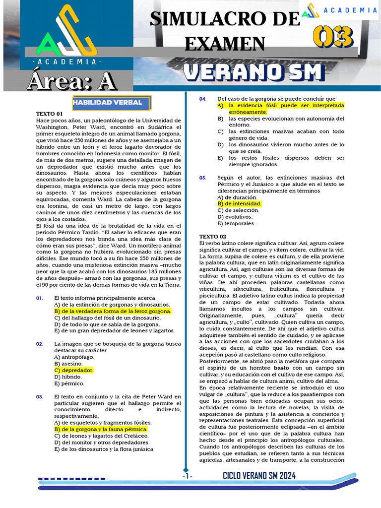 Simulacro Verano SM - Semana 03 - Area A - Con Claves | PDF
