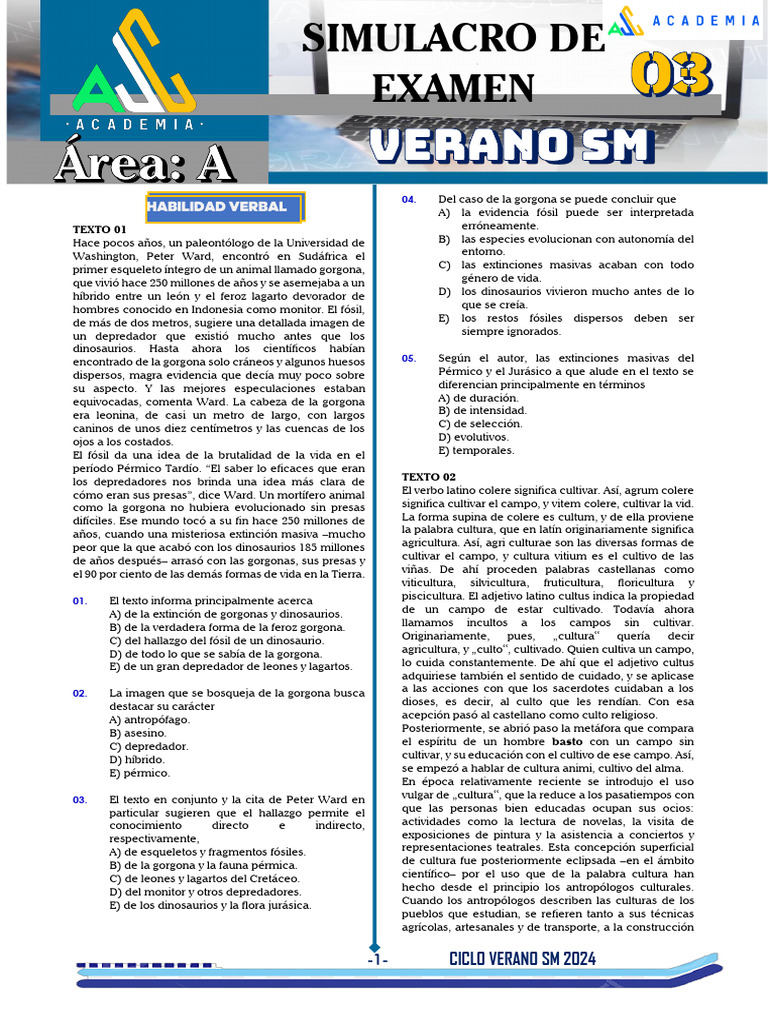 Simulacro Verano SM - Semana 03 - Area A - Sin Claves | PDF