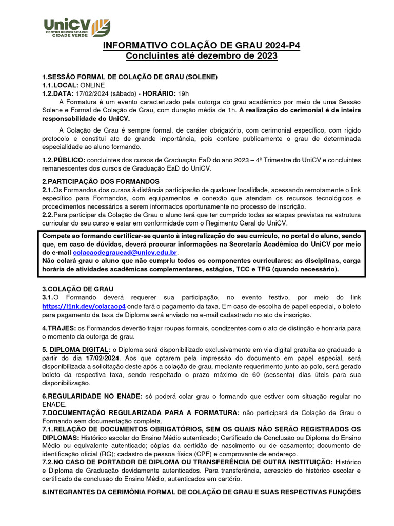 2024.P4 - Informativo de Colação de Grau (17.02.2024) | PDF | Diploma ...