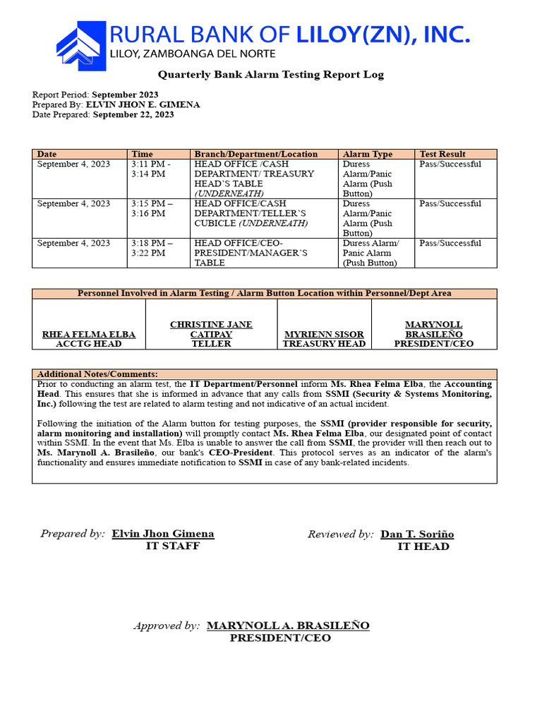Quarterly Bank Alarm Testing Report Log | PDF