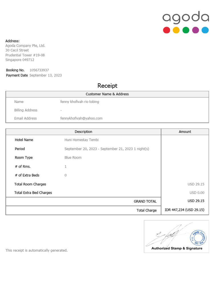 Agoda Booking Receipt for Huni Homestay | PDF