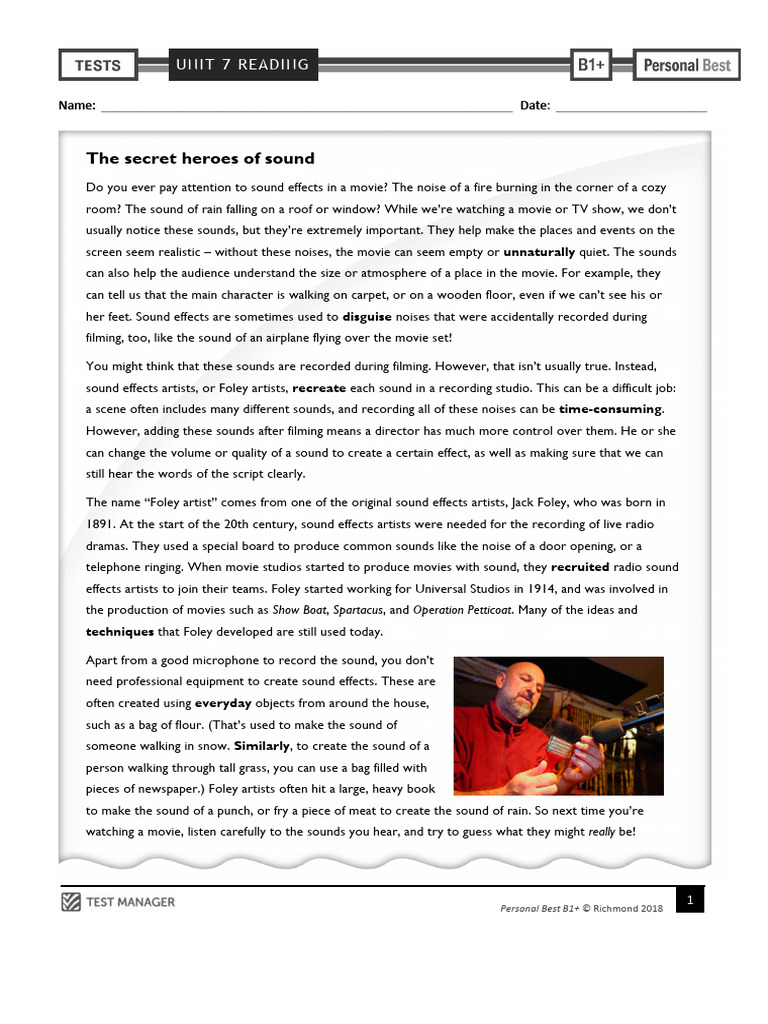 Personal Best B1+ Unit 7 Reading Test | PDF | Noun | Adverb