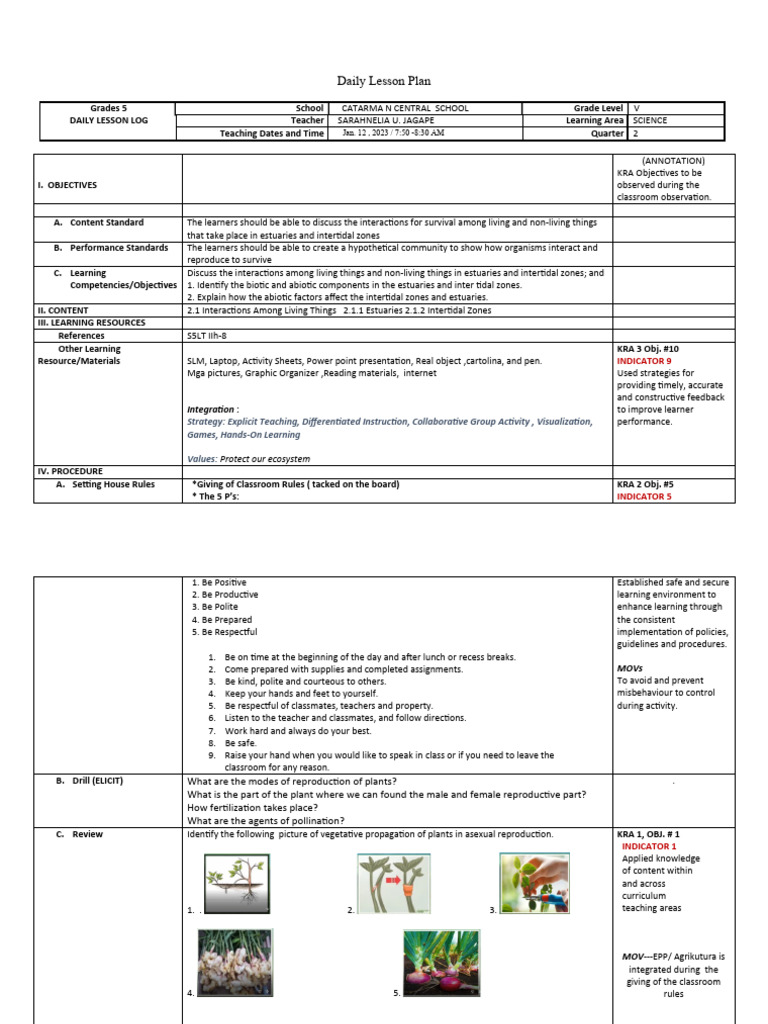 Daily Lesson Plan 2023 q2 COT Science 5 | PDF | Ecosystem | Learning