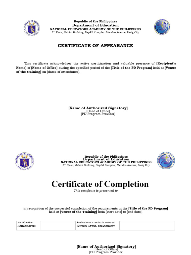 Certificate of Appearance Completion Participation - Recognition ...